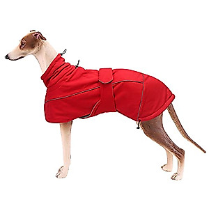 Greyhound Lurcher Winter Coat, Whippet Warm Coat with Fleece, Water Resistant Dog Jacket with Adjustable Bands and Zipper Harness Hole - Red - Small