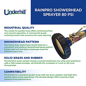 Underhill RainPro Showerhead Garden Water Hose Nozzle Sprayer, 40 GPM 80 PSI, 3/4-Inch Thread Inlet, High Pressure Attachment, Heavy-Duty, SHN-75