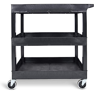 Stand Steady Tubstr 3 Shelf Utility Cart | Heavy Duty Service Cart Supports Up to 400 lbs | Tub Cart with Deep Shelves | Great for Warehouse, Garage, Cleaning, Office & More (32 x 18 / Black)