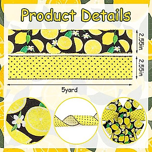 ALIBBON 2 Rolls 2.5" × 5 Yd Summer Lemon Wired Ribbon Summer Flower Burlap Ribbons Fruits Ribbon Flaxen Yellow Dots Ribbon for Summer Wreath DIY Crafting Gifts Wrapping Party Decoration