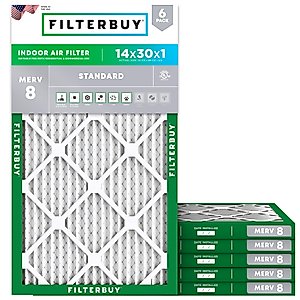 Filterbuy 14x30x1 Air Filter MERV 8 Dust Defense (6-Pack), Pleated HVAC AC Furnace Air Filters Replacement (Actual Size: 13.88 x 29.88 x 0.75 Inches)