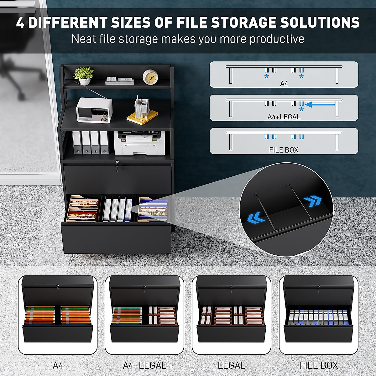 OUYESSIR 2 Drawer File Cabinet with Lock, Filing Cabinets with Storage Shelves for Home Office, Lateral File Cabinet in Steel Metal, Office Storage Drawers for Legal, Letter, A4 File (Black)