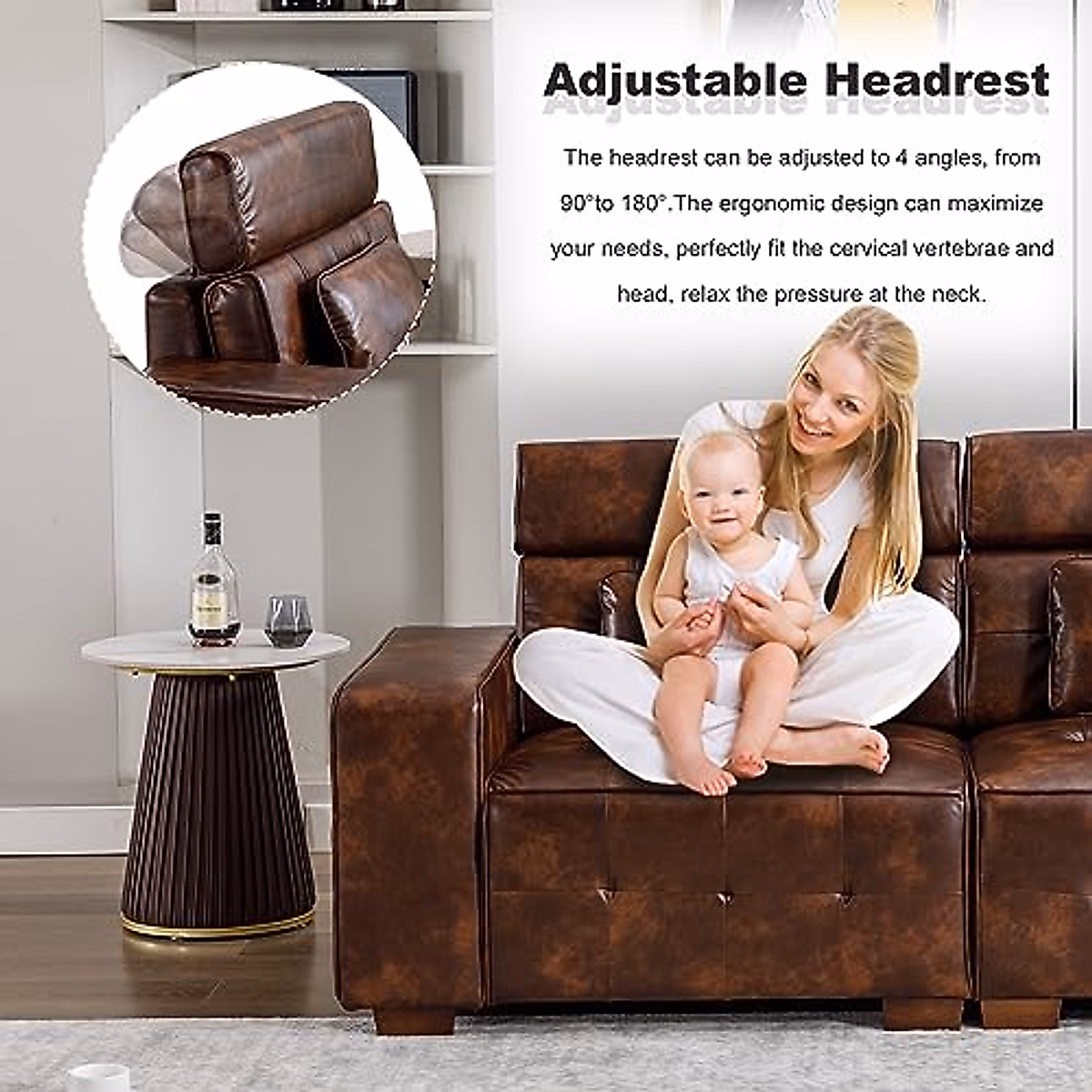 Oprisen 82”Modern Loveseat Sofa Couch for Livingroom Comfy PU Leather Loveseat Couch w/Adjust Headrest, Tufted Button Deep Seat Futon Set w/Wide Arm/Pillows for Apartment (PU-Brown)