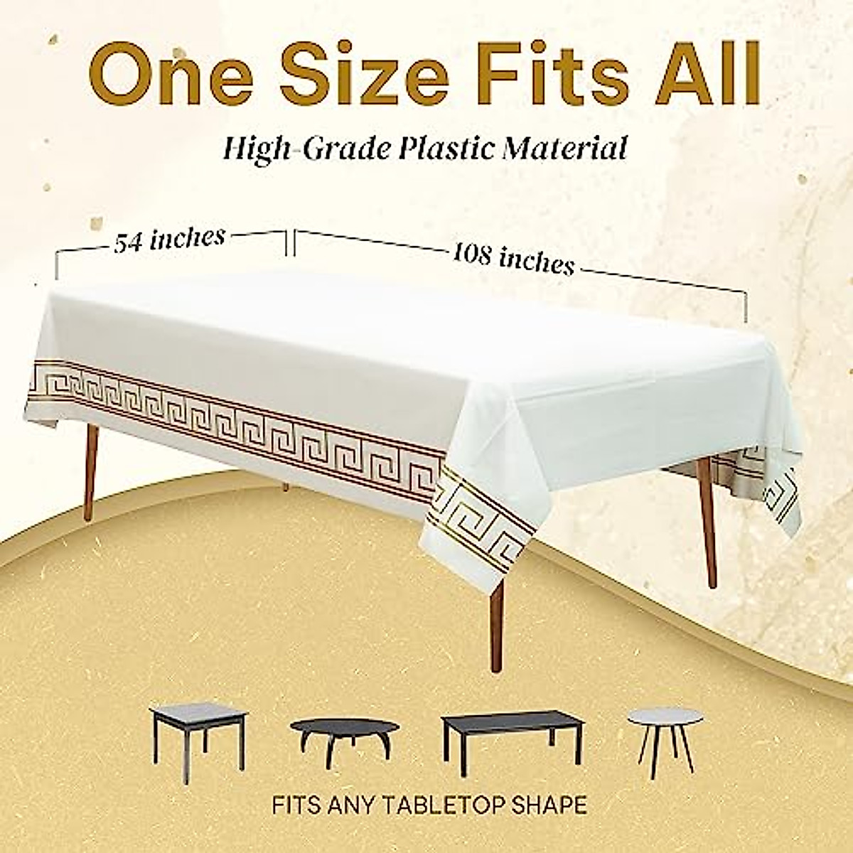 Amatra Disposable Table Cloth, Waterproof Table Cover, Classy Plastic Table Cloth, Rectangle Tablecloth, White Table Cloth with Gold Versa Margin, 140 g Plastic Table Cover, 54x108 inches, Pack of 4