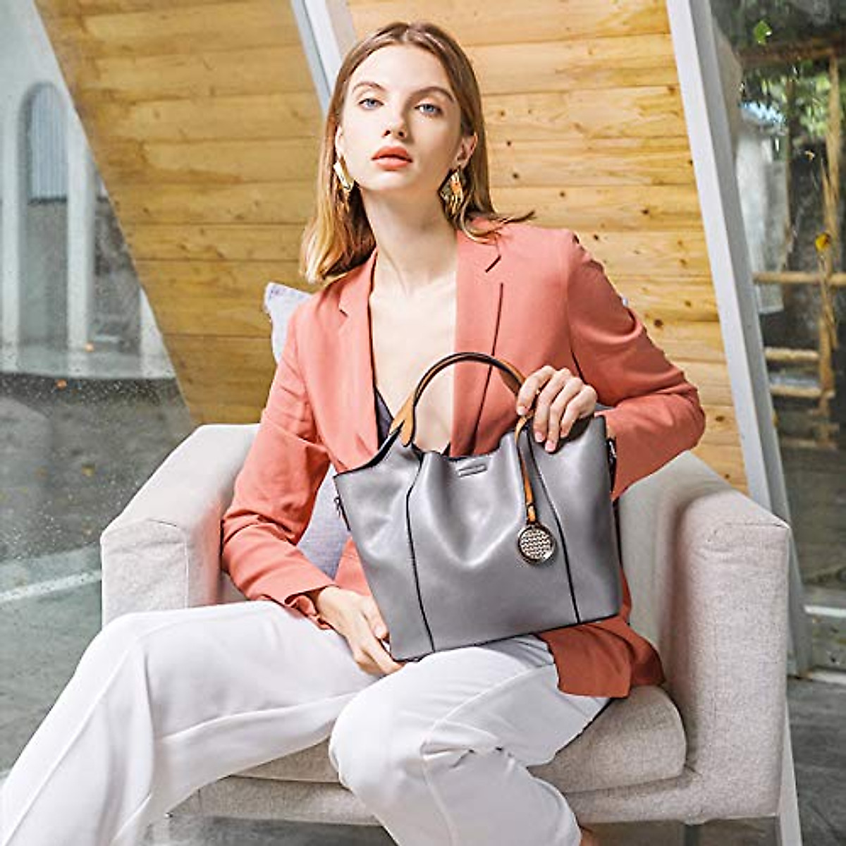 HESHE Leather Womens Shoulder Handbags 2 in 1 Bag Top Handle Tote Purse Satchel Ladies Purses Crossbody Bag (Grey)