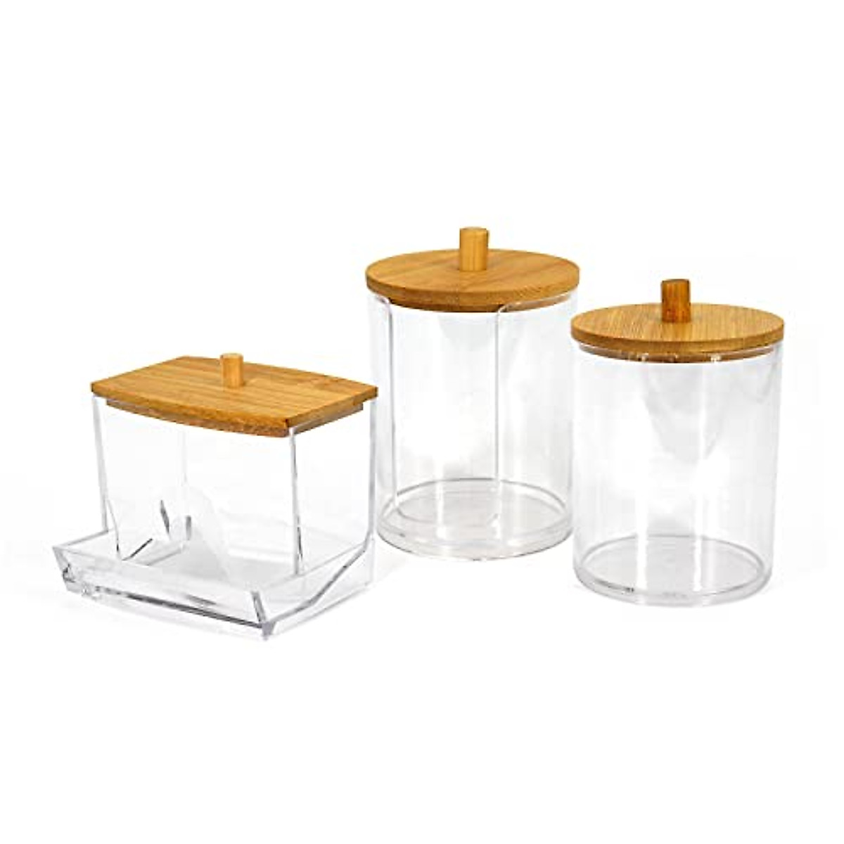 Yujanery 3 Pack Qtip Holder, 10/7-Ounce Bathroom Organizer Accessories Storage Containers Clear Plastic Apothecary Jars with Bamboo Lids for Cotton Ball, Cotton Swab, Floss