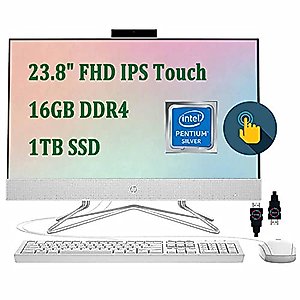 HP 24 All-in-One Desktop Computer I 23.8" FHD IPS Touchscreen (72% NTSC) I Intel 4-Core Pentium Silver J5040 I 16GB DDR4 1TB SSD I Intel UHD Graphics 605 I Win11 White + HDMI Cable