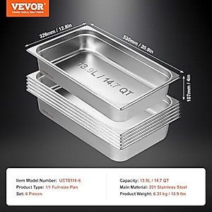 VEVOR 6 Pack Hotel Pans, Full Size Anti-Jam Steam Pan, 0.8mm Thick Stainless Steel Restaurant Steam Table Pan, 4-Inch Deep Commercial Table Pan, Catering Storage Food Pan, for Industrial & Scientific