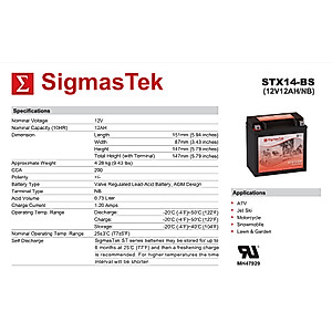 SigmasTek STX14-BS Powersport Battery Compatible With Honda 500CC TRX500FE, FM, TM FourTrax Foreman ES, 4x4, 2005-2010 ATV, 12V 12AH, 200 CCA