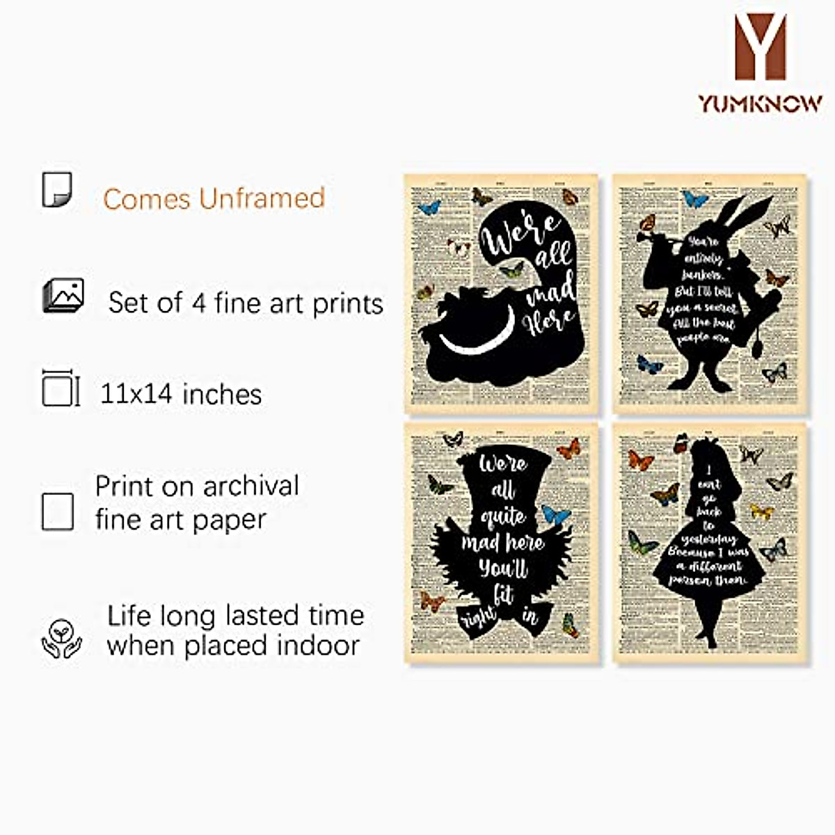 Alice in Wonderland Wall Art Decor - 11x14 Cheshire Cat Mad Hatter White Rabbit - Alice Inspirational Saying Quote Poster Print - Motivational Wall Art for Alice Fans - Affirmation Gift for Women Girl