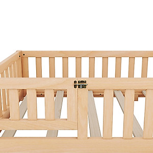 CITYLIGHT Twin Size Floor Bed with Rails, Wood Montessori Floor Bed Twin with Support Slats, Kids Twin Bed Frame with Door Design for Boys,Girls, Natural