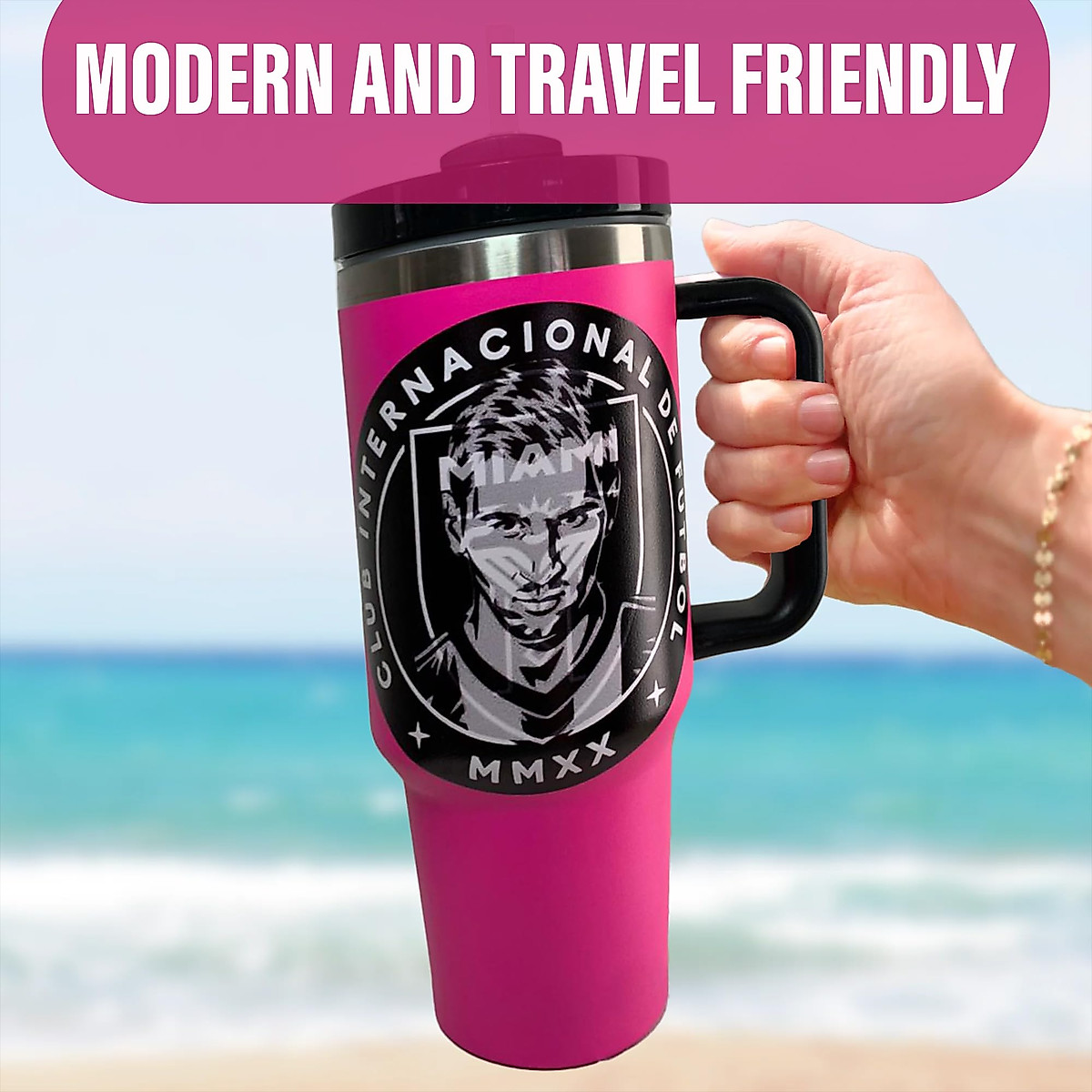 Tumbler With Lid & Straw - 40oz Insulated Tumbler with Messi Print, Modern Stainless Steel Travel Mug for Coffee & Water, Reusable & Leak Proof Cup for Hot & Cold Drinks, Cup Holder Friendly