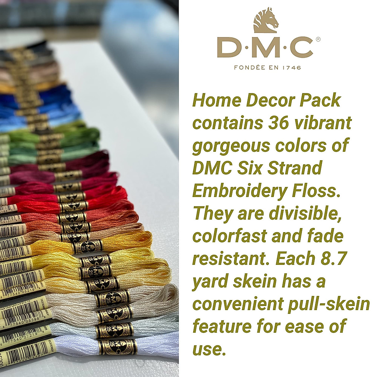 DMC Home Decor Embroidery Floss Set, Assortment Pack of 36 Cotton Thread Kit Bundle with Hand Embroidery Needle Size 3/9 and Threads of DMC Black/White.Cross Stitch String, Yarn Supplies