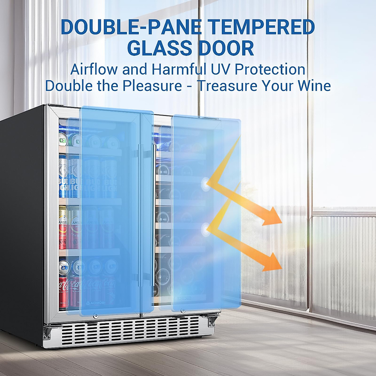 AAOBOSI 30 Inch Wine and Beverage Cooler, 31 Bottles & 110 Cans Wine Fridge, Glass Door Dual Zone Wine Refrigerator Freestanding and Built-in, Digital Temperature Control, Blue LED Display Light