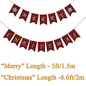 Jolik Merry Christmas Banner with Two Snowflake Flags - Buffalo Plaid Banner Decoration for Fireplace Wall Tree Christmas Decoration