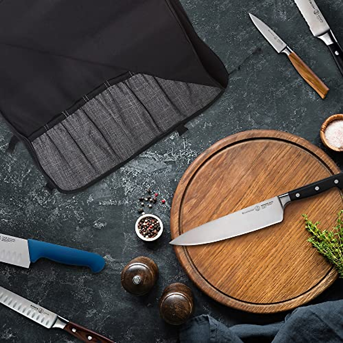 Messermeister Preservation 8-Pocket Knife Luggage, Black - 8 Elasticized, Reinforced Pockets for Culinary Tools - Holds Up to 18” Knife - Made From 100% Recycled Water Bottles