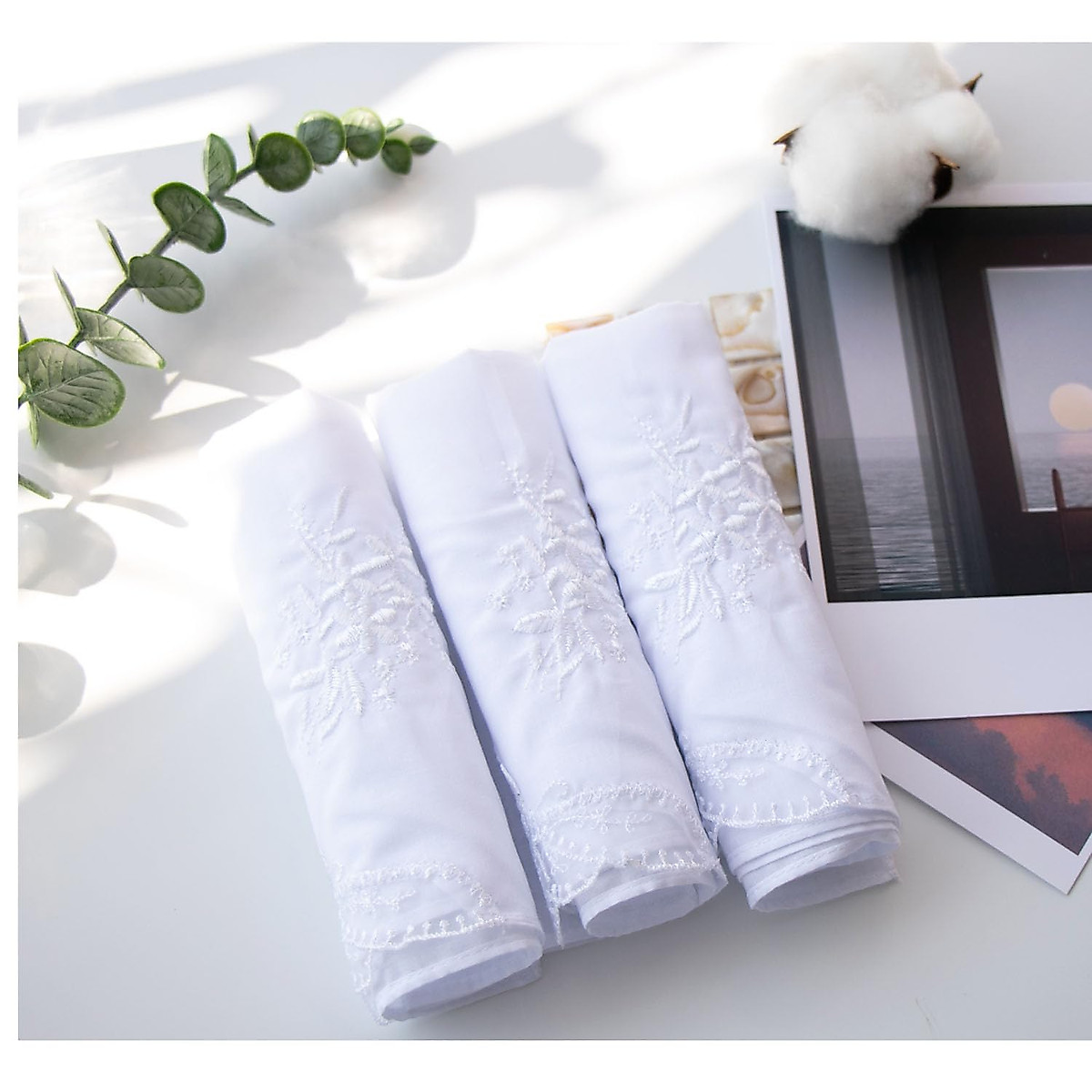 BonjourMrsMr Ladies Womes White Embroidery Cotton Handkerchiefs Wedding Hankies Scalloped 3PCS