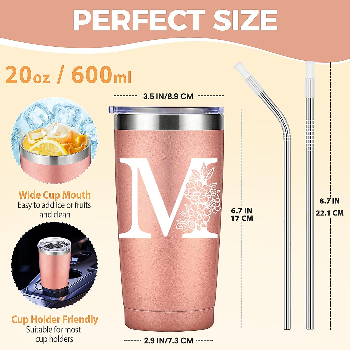 Leraverppy Personalized 20oz with Initial Stainless Steel Coffee，Leak Proof Rose Gold Tumbler with Lid And Straw Double Wall Thermal Cups for Hot and Cold Drinks Monogrammed Gifts for Women（C20-M）