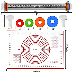Rolling Pin with Thickness Rings Adjustable Rolling Pin Stainless Steel Rolling Pin with Silicone Cake Pad for Baking Soft Candy, Pizza, Pastry, Pasta, Biscuit Baker Gift