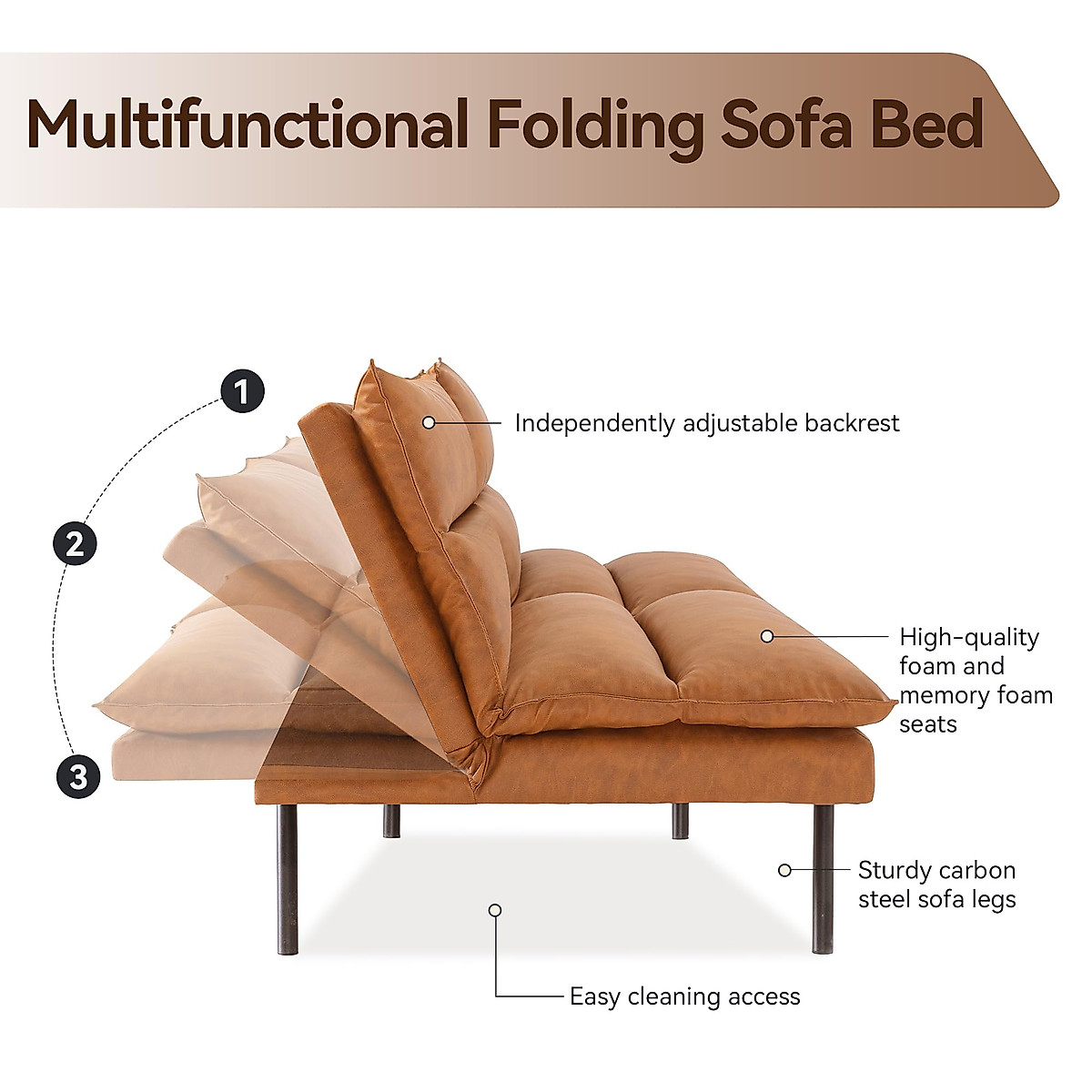 AMICLIBER Futon Sofa Bed, Memory Foam Futon Armless Sleeper Sofa Loveseat Convertible Couch Bed for Small Compact Living Spaces,Apartment,Brown Leather