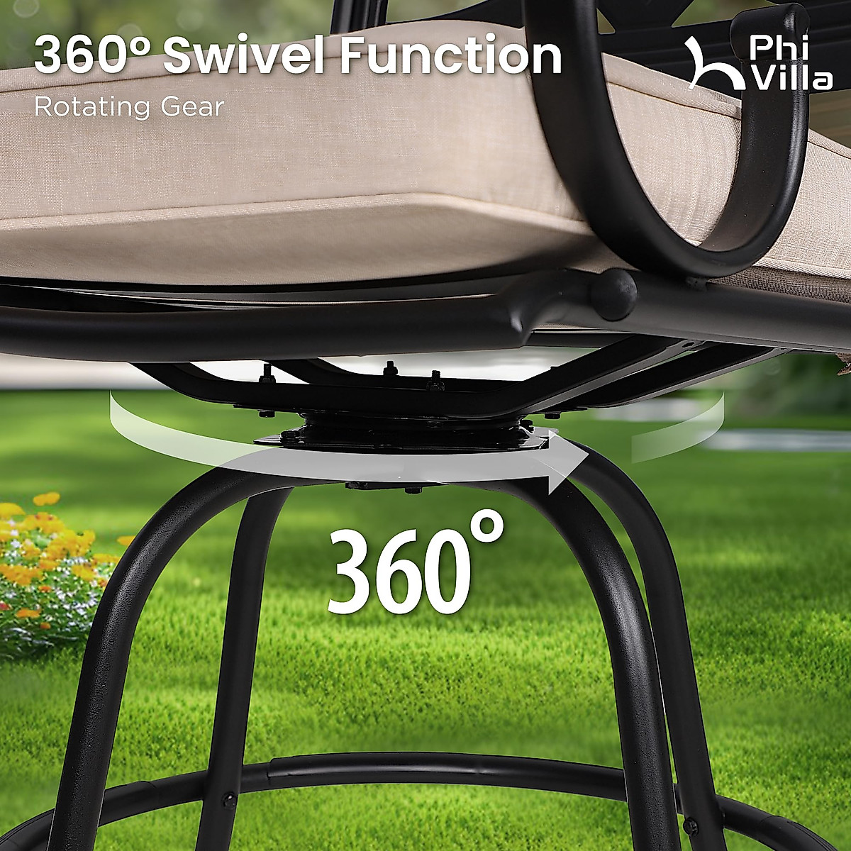 PHI VILLA 5 Piece Patio Bar Set,Outdoor Bar Table and Chairs Set, Strong and Heavy Duty Outdoor Bar Set with Cushion and Pillow，4PC Swivel Bar Stools with Square Bar Height Table