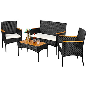 SUNLEI Multi Pieces Outdoor Patio Furniture Sets Conversation Sets Rattan Chair Wicker Set,Glass Table,Outdoor Indoor Use Backyard Porch Garden Poolside (Black, 4 PCS-White/Wood Tabletop)…