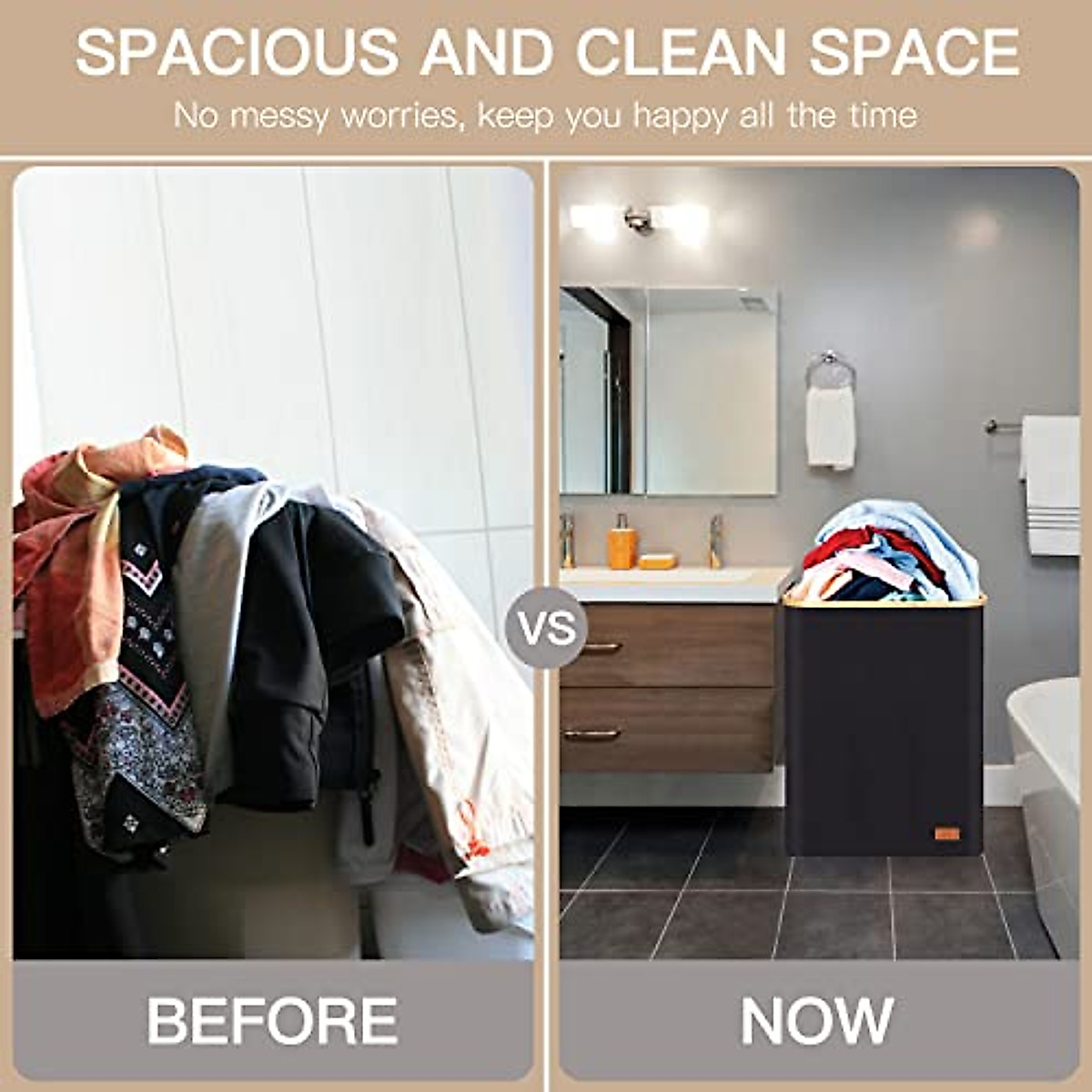 145L XXX-Large Laundry Hamper with Lid – DOFASAYI Foldable Laundry basket with Bamboo Handles, Grey Dirty Clothes Hamper for Bathroom, Bedroom, Room, Closet, Hampers for Laundry, Toys, Clothing, Black