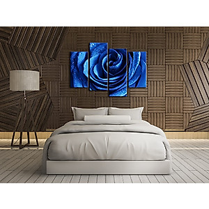 Wieco Art Blue Rose with Dew Canvas Wall Art Abstract Romantic Flower Pictures Paintings Wall Art for Living Room Bedroom Decorations Wall Decor Large 4 Panels Modern Canvas Prints Artwork
