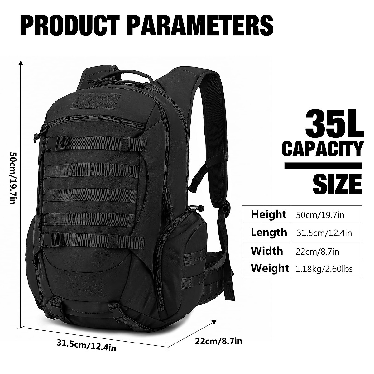 Mardingtop 35L Tactical Backpack with Rain Cover + 2.5L Hydration Bladder