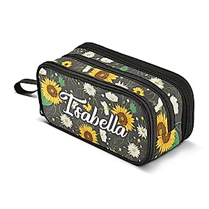 Vnurnrn Sunflower Daisy Custom Pencil Case Large Big Capacity Pen Case 3 Compartments Pencil Bag for Girls Boys Pencil Cases for Adults Stationery Bag for Girls Students Business Office