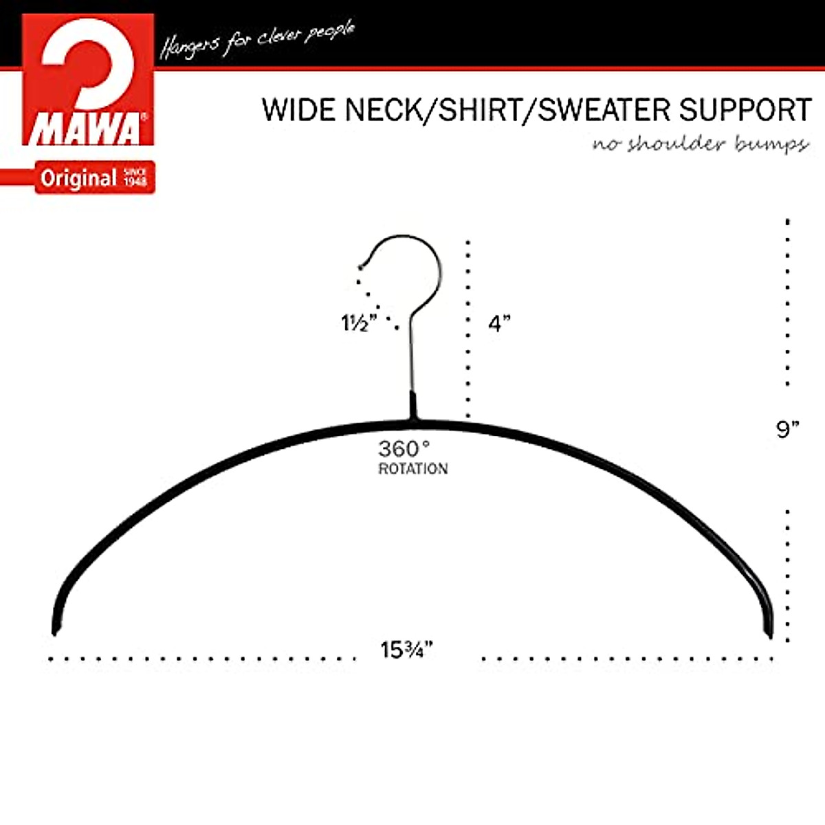 MAWA Euro Series Non-Slip Space Saving Clothes Hanger, Set of 10, Black Style 40/P, Pack of 10 (14118)