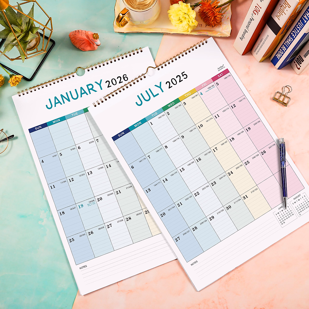 Wall Calendar 2023-2024 - Calendar 2023-2024, Jan. 2023 - Jun. 2024, 12" x 17", 2023 Wall Calendar with Thick Paper, Twin-Wire Binding + Hanging Hook + Large Blocks with Julian Dates - Colorful Lump