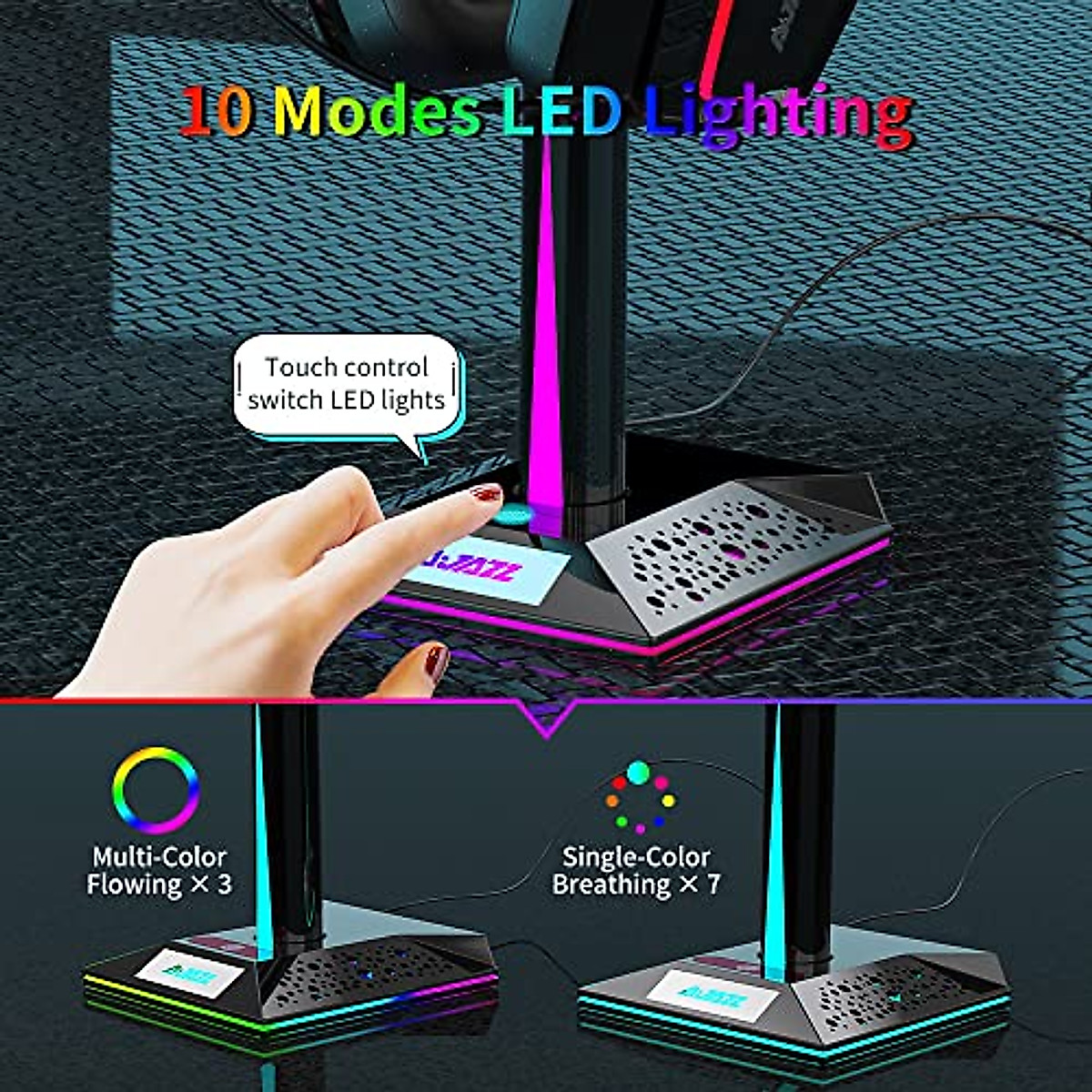 NACODEX Black Wired Gaming Headset and RGB Gaming Headphone Stand with 3.5mm AUX & 2 USB Port, Touch Control 10 Lighting Mode Headset Holder