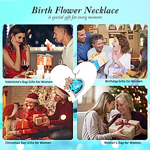 VOROCO Heart shaped crystal birthstone necklace with birthday flowers，925 Sterling Silver Pendant Love Necklace for women gifts