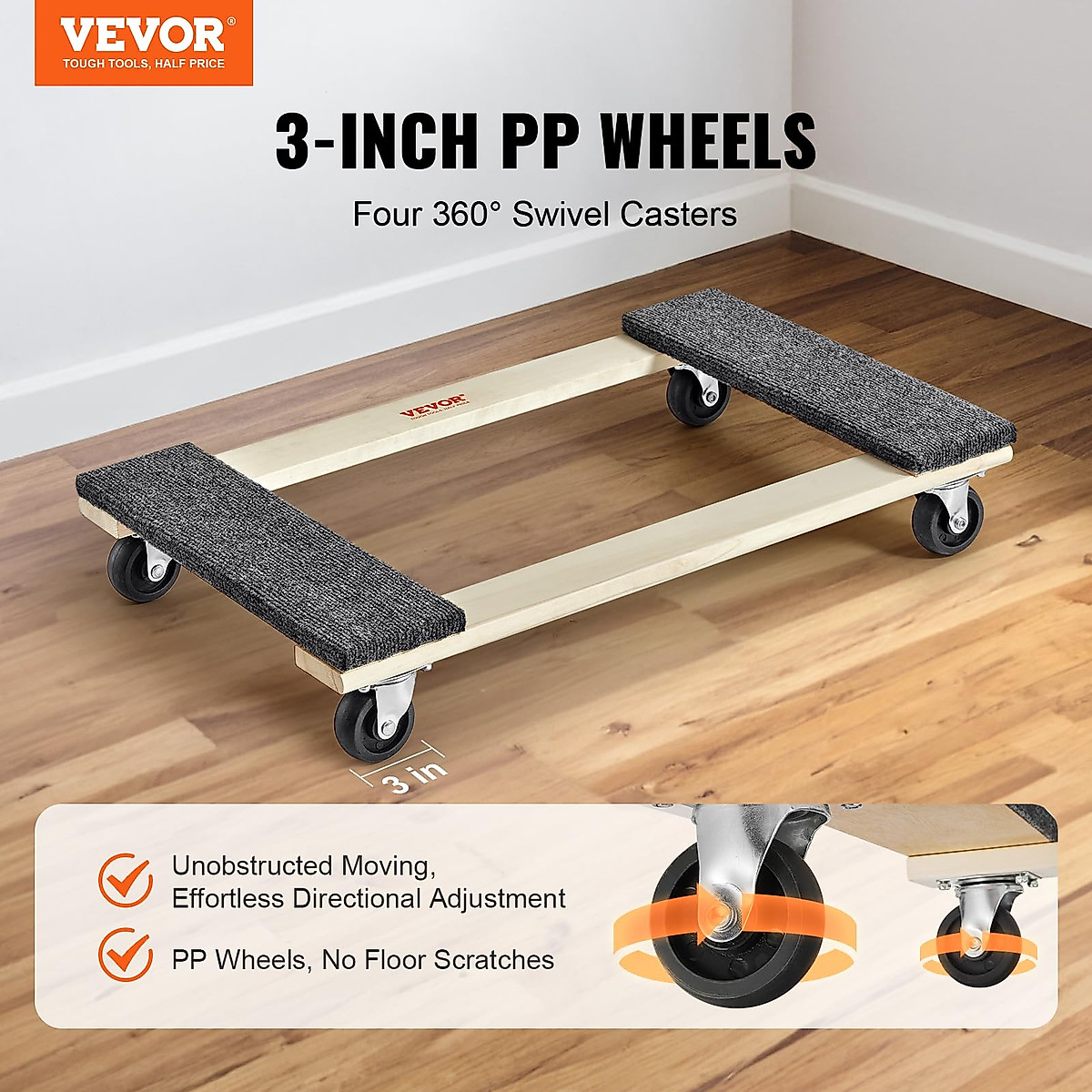 VEVOR Hardwood Furniture Moving Dolly, 30 in. x 18 in. 4 x 3 PP Swivel Casters, Heavy Duty Wooden Mover Dollies, Moving Cart with Wheels for Heavy Furniture, 1000 lbs. Capacity, 1 Pack