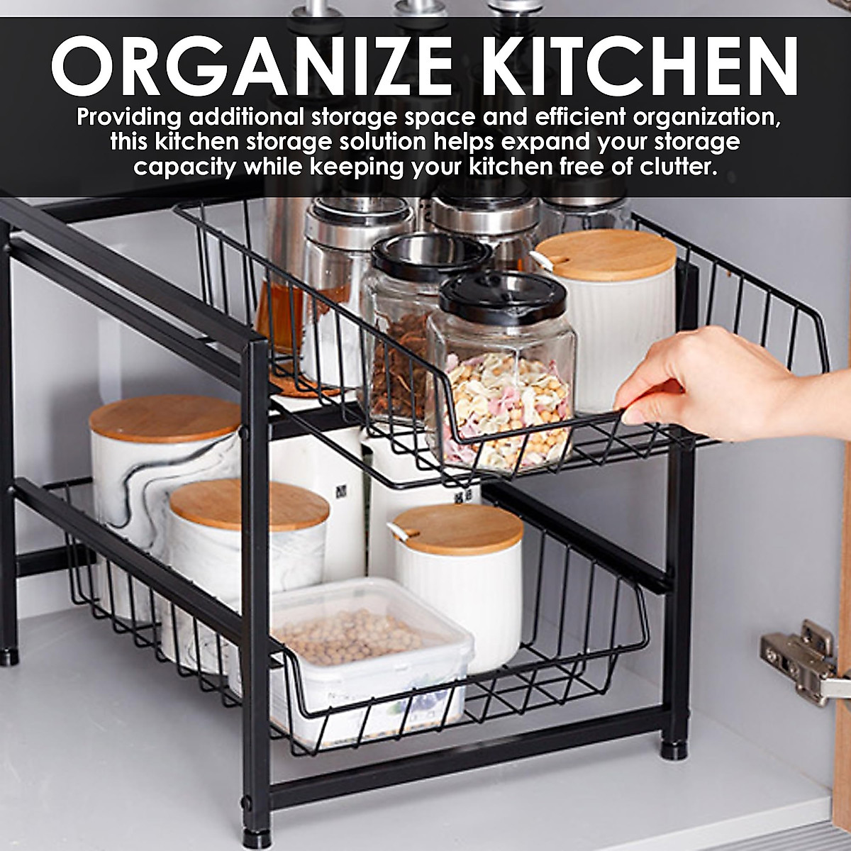 GlobalHome 2 Tier Under Sink Organizer, Sliding Basket Organizer, Kitchen Organizer, Bathroom Pull Out Organizer, Office Organizer 14.2"*12.6"14.6"