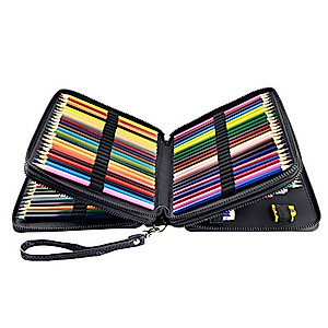 YOUSHARES 120 Slots Colored Pencil Case – Deluxe PU Leather Pencil Holder with Compartments for Watercolor Pencils (Black)