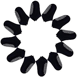 Cooraby 12 Pairs Kids' Non Slip Half Cushion Low Cut Socks Non-Skid Classic Ankle Socks (Black, 3-5 Years)