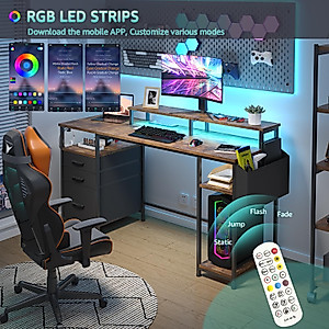 Lufeiya Computer Desk with Fabric File Drawers Cabinet, 55 Inch Home Office Desk with Shelves Monitor Stand, Study Writing Gaming Desks with Led Lights and Power Outlets for Bedroom, Rustic Brown