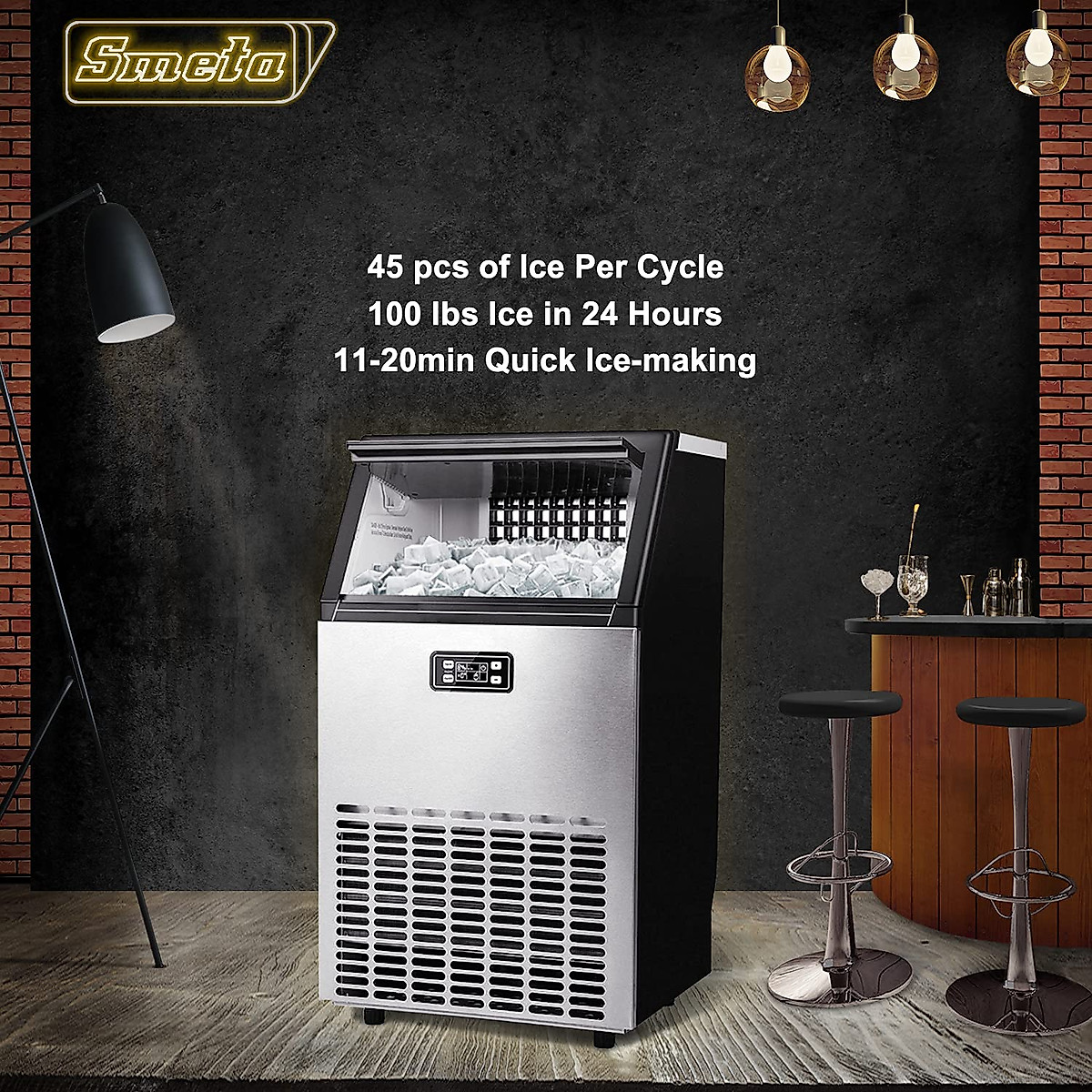 Undercounter Ice Maker Machine Commercial, Built in Nugget Ice Cubes 100 LBS/24H with 33LBS Large-Capacity, Freestanding|Countertop Crushed Ice Machine for Commercial Use Bar Coffee Restaurant Office