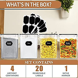 PRAKI Large Airtight Food Storage Containers 5.2L / 195oz, BPA Free, 4pcs Pantry Kitchen Organization Set for Flour, Sugar, Baking Supplies, Plastic Flour Container with 20 Labels & Maker
