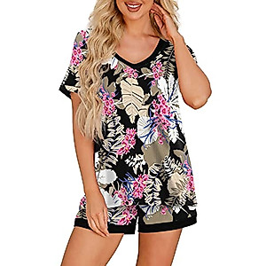 PrinStory Women's Pajama Set Short Sleeve Shirt and Shorts Sleepwear Pjs Sets with Pockets FP-Big Leaf Pink-Large