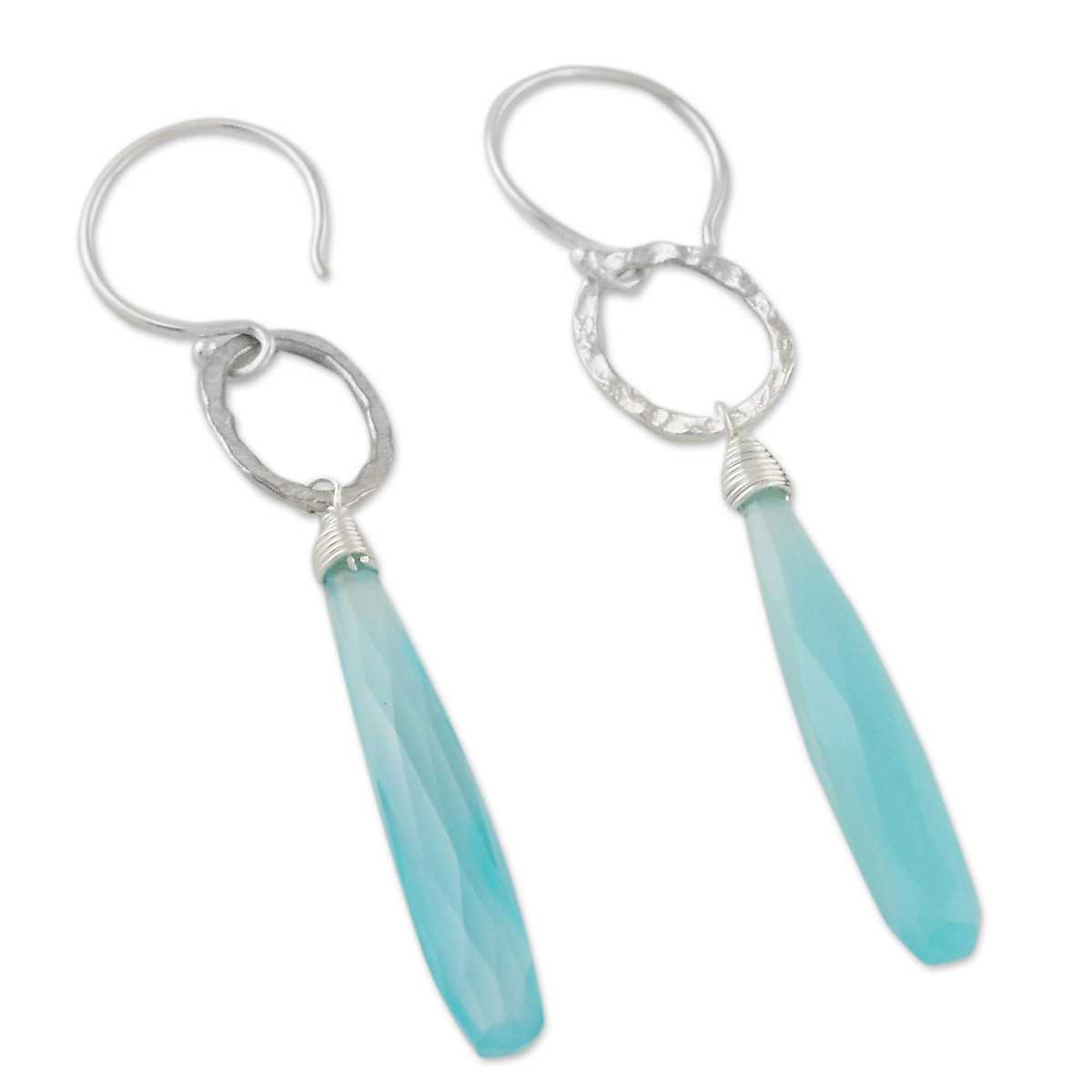 NOVICA Artisan Handmade Blue Chalcedony Dangle Earrings with Hammered Silver Sterling Thailand [2.4 in L x 0.5 in W] ' Exhilarated'