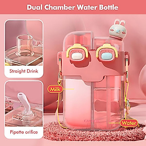 HiGropcore Kawaii Water Bottle Cute Water Bottles with Straw, Double Chamber Water Bottle with Adjustable Strap and Kawaii 3D Stickers, Portable Leakproof Water Jug, 26oz