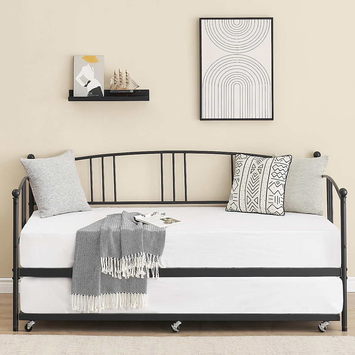 IDEALHOUSE Twin Daybed with Trundle, Metal Twin Size Daybed with Pullout Trundle 6 Casters, Steel Slat Support Sofa Bed for Living Room, Bedroom, Guest Room, No Box Spring Needed, Black
