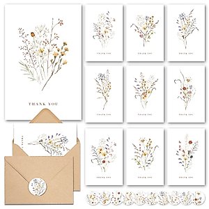 Wildflower Thank You Cards with Envelopes (20 pack 4"x6") - Floral Thank You Cards with Adhesive Envelope & Matching Stickers - Thank You Cards for Birthday, Wedding, Bridal Showers, Baby Showers