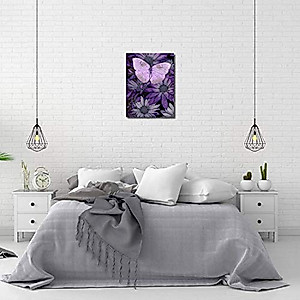 Purple Butterfly Painting Giclee Print on Canvas, Stretched and Framed, Modern Home Decoration for living room, bedroom, bathroom decor Wall Art,12 By 16Inch,Ready To Hang