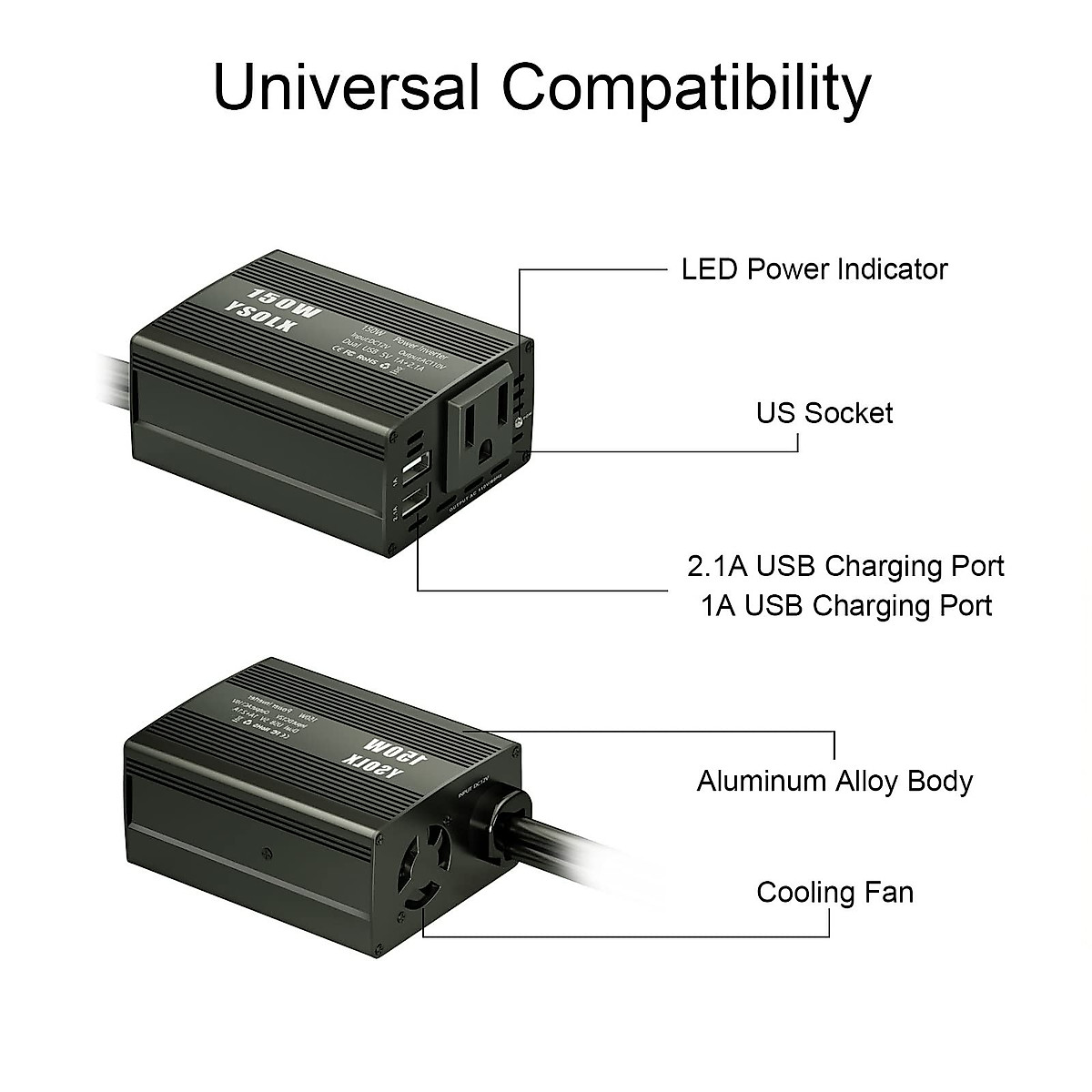 YSOLX 150W Power Inverter DC 12V to 110V AC Converter Car Plug Adapter Outlet Charger for Laptop Computer