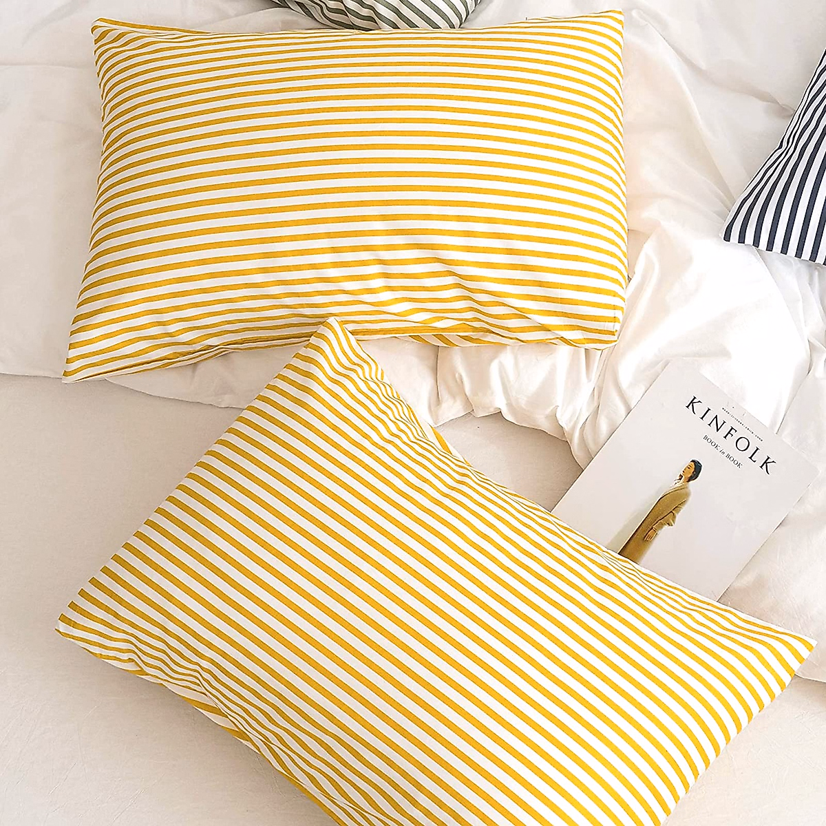 JELLYMONI 100% Cotton Striped Standard Pillowcases Set, 2 Pack White and Golden Yellow Stripes Pillow Covers with Envelope Closure(Pillows are not Included)