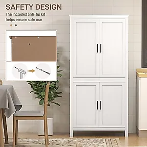 HOMCOM 64" Kitchen Pantry Cabinet, Freestanding Storage Cabinet with 4 Doors and 3 Adjustable Shelves for Dining Room, White